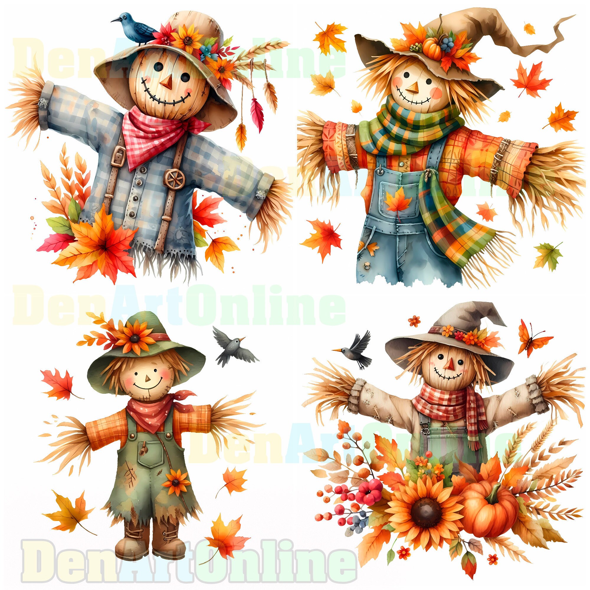 Cute Scarecrow Clipart Bundle, Fall Autumn Thanksgiving Clipart, 21 JPG ...