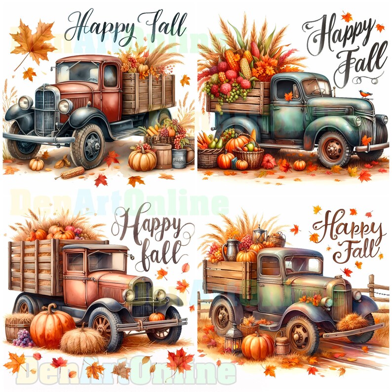 Watercolor Vintage Trucks Fall Harvest Clipart, 21 JPG Pumpkin Autumn ...