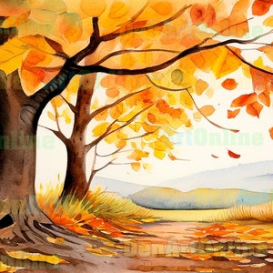 Watercolor Autumn Landscape, Rustic Fall Scene, Golden Autumn, Autumn ...