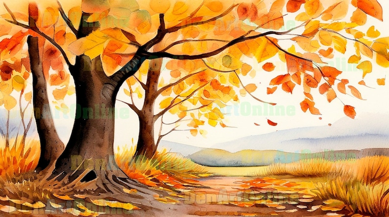 Watercolor Autumn Landscape, Rustic Fall Scene, Golden Autumn, Autumn ...