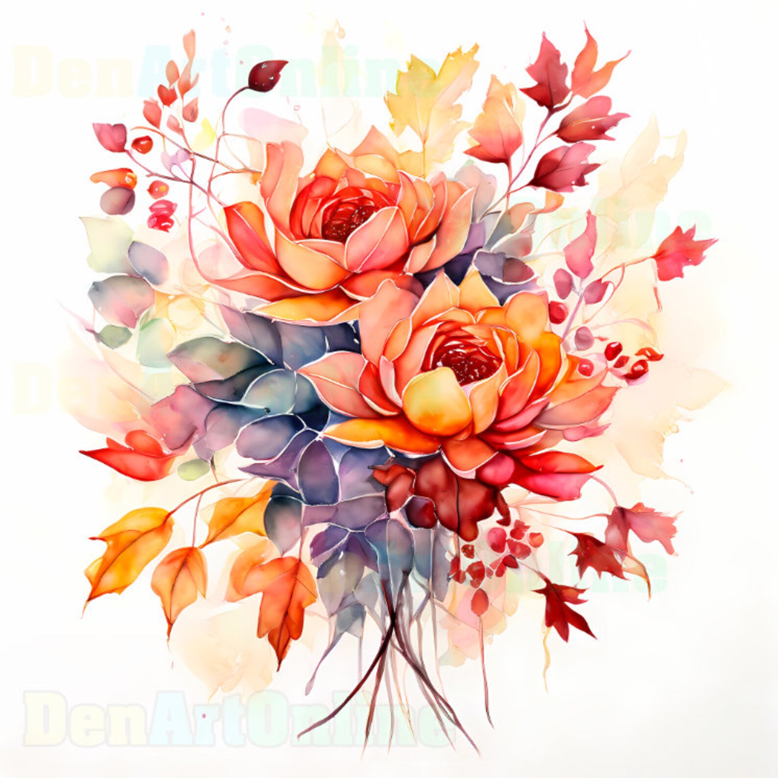 15 Autumn Leaves, Floral Bouquet Clipart, Watercolor Autumn Clipart ...