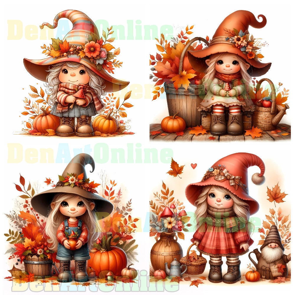 Autumn Gnome Girl Clipart, Cute Gnome 20 Jpgs, Gnome Halloween ...
