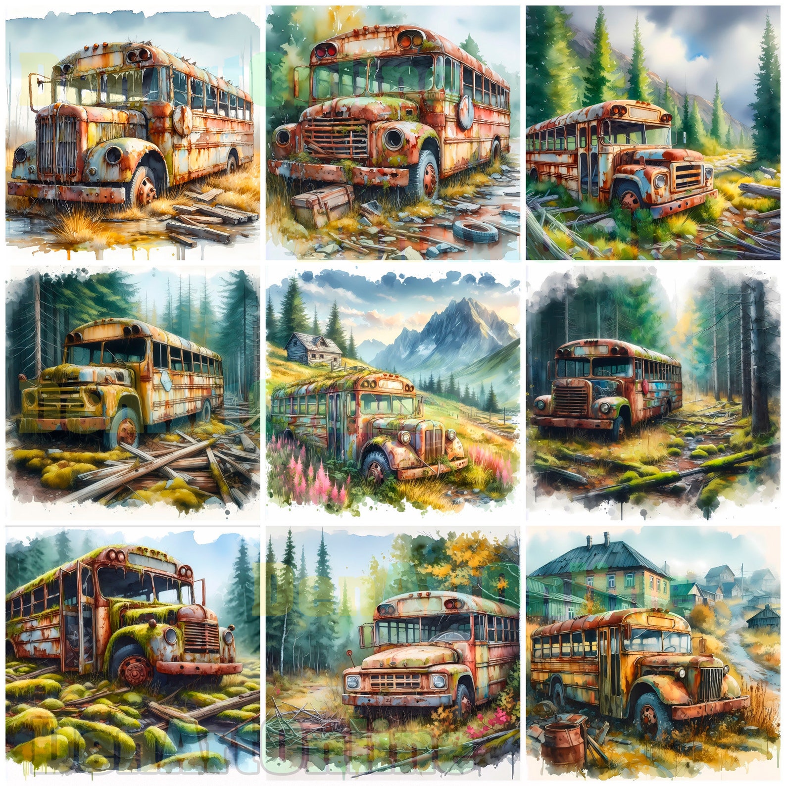 Abandoned Bus Clipart, High Quality Watercolor 55 JPG, Old Rusty Buses ...