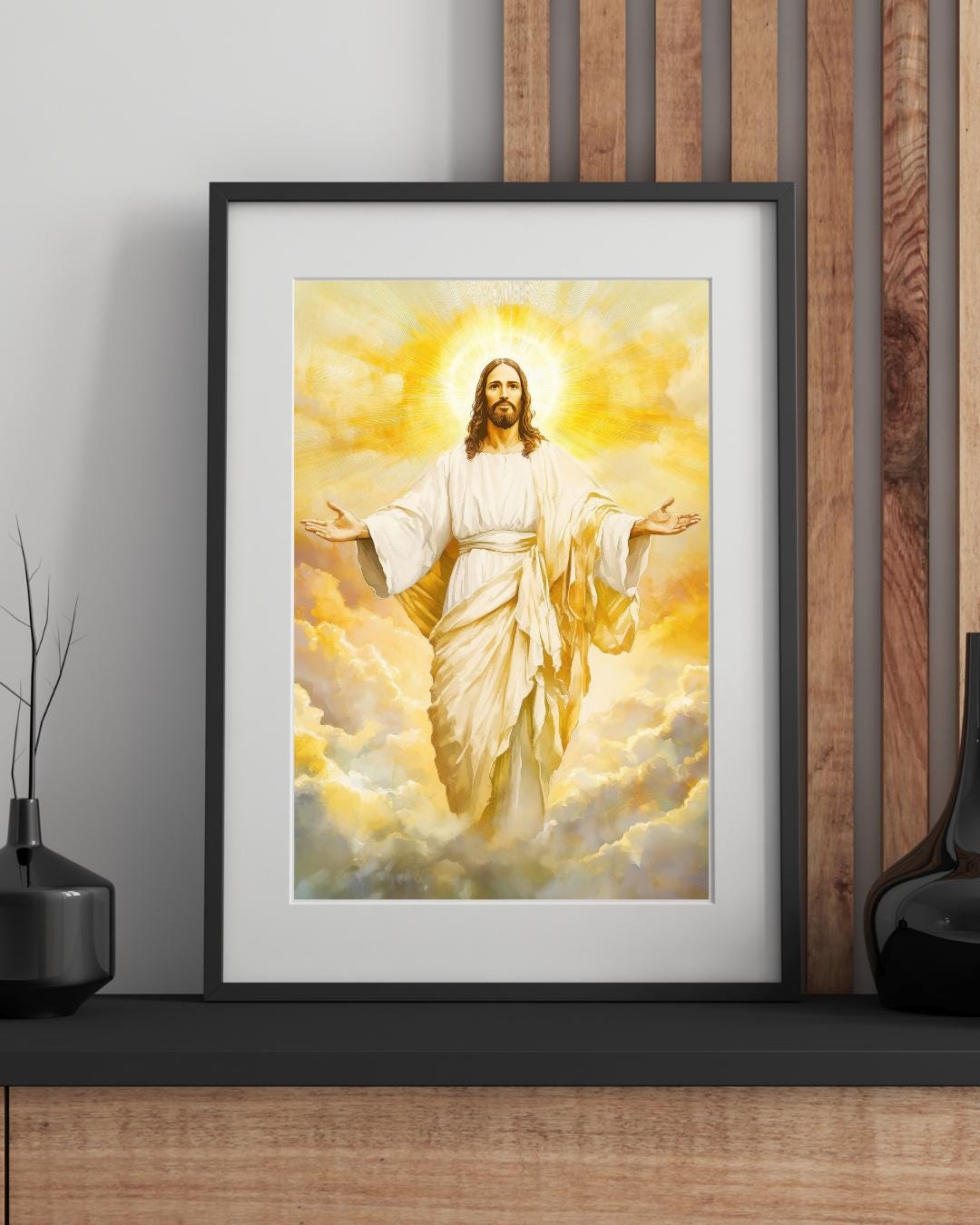 Jesus Christ Standing Above the Clouds, Golden Halo, Heavenly Christian ...