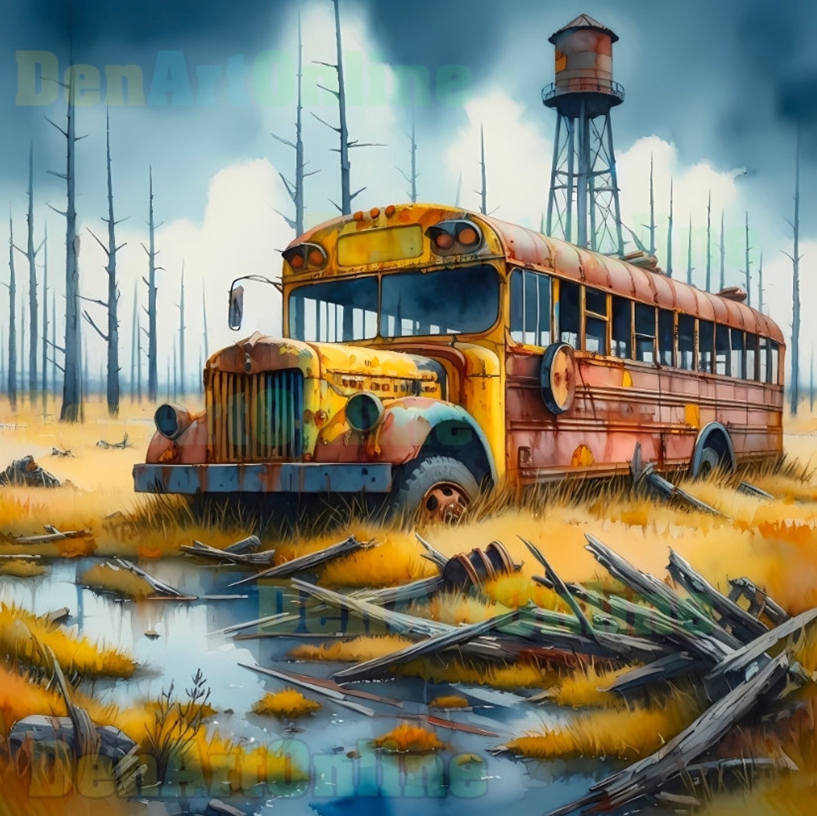 Abandoned Bus Clipart, High Quality Watercolor 55 JPG, Old Rusty Buses ...