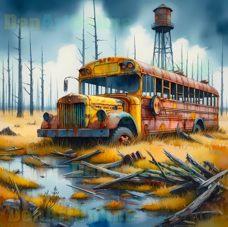 Abandoned Bus Clipart, High Quality Watercolor 55 JPG, Old Rusty Buses ...