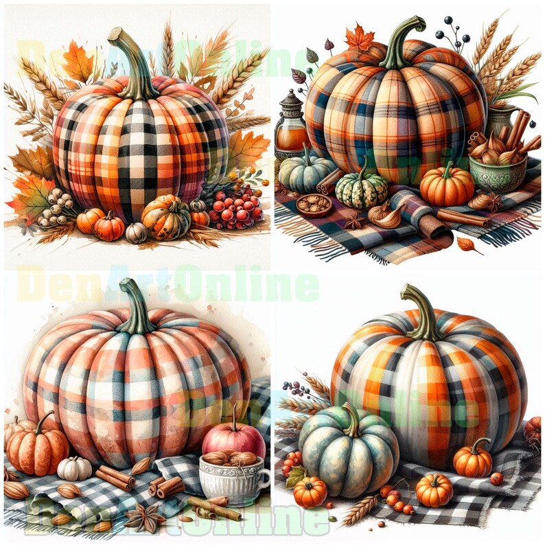 Plaid Pumpkin Clipart 24 High Quality 300 DPI Jpegs, Cozy Autumn ...