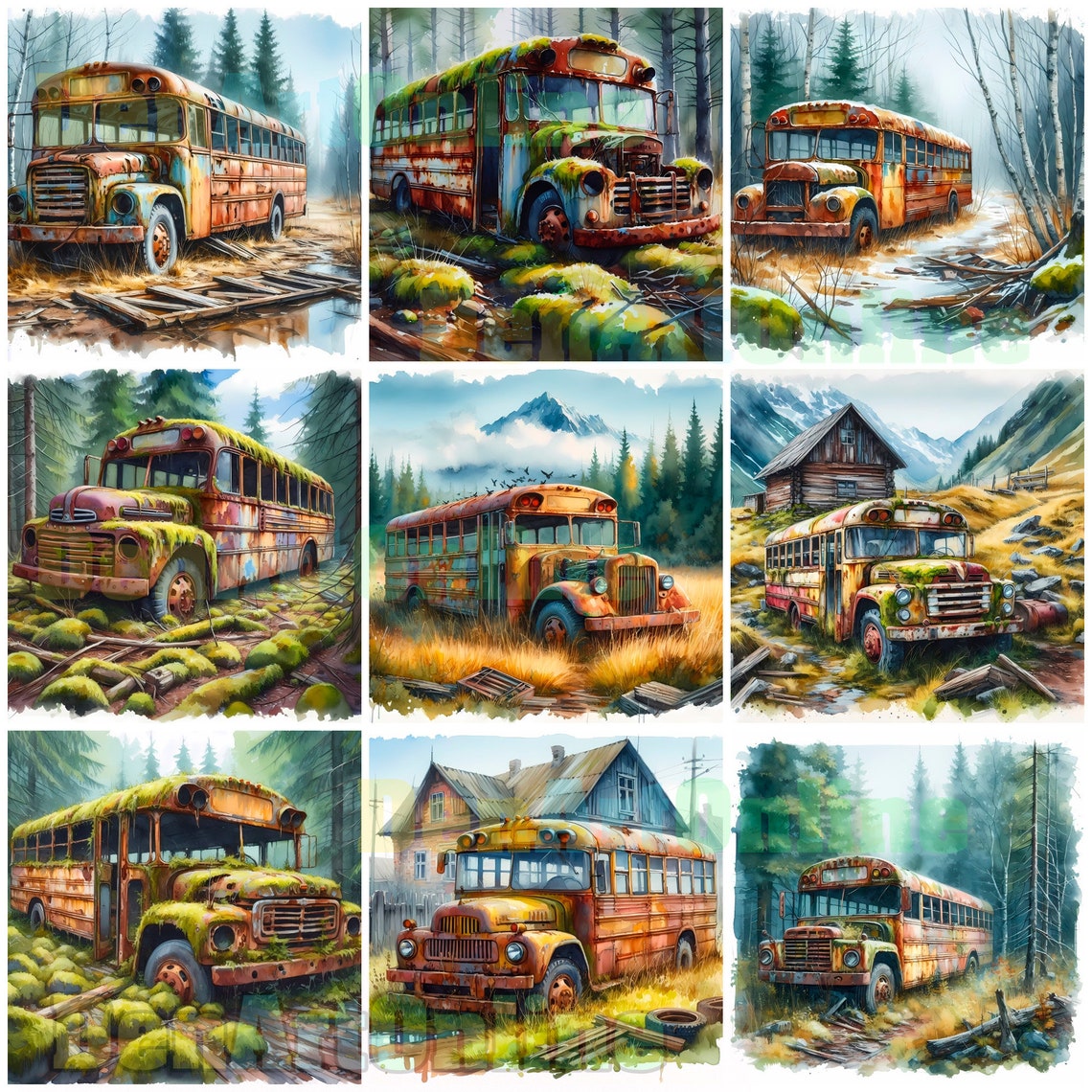 Abandoned Bus Clipart, High Quality Watercolor 55 JPG, Old Rusty Buses ...