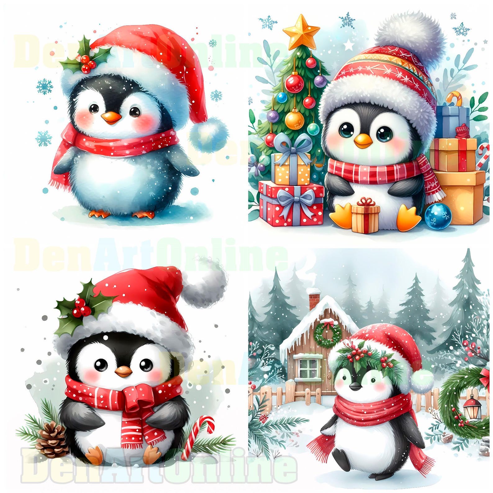 38 Winter Penguin Clipart JPG, Christmas Penguin Clipart,watercolor ...