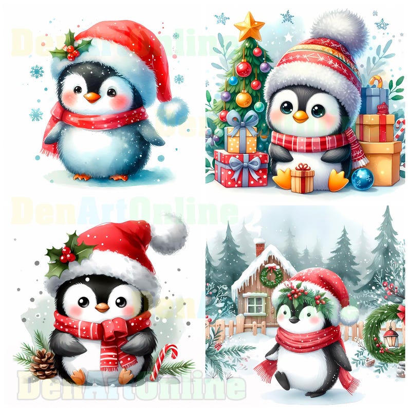 38 Winter Penguin Clipart JPG, Christmas Penguin Clipart,watercolor ...