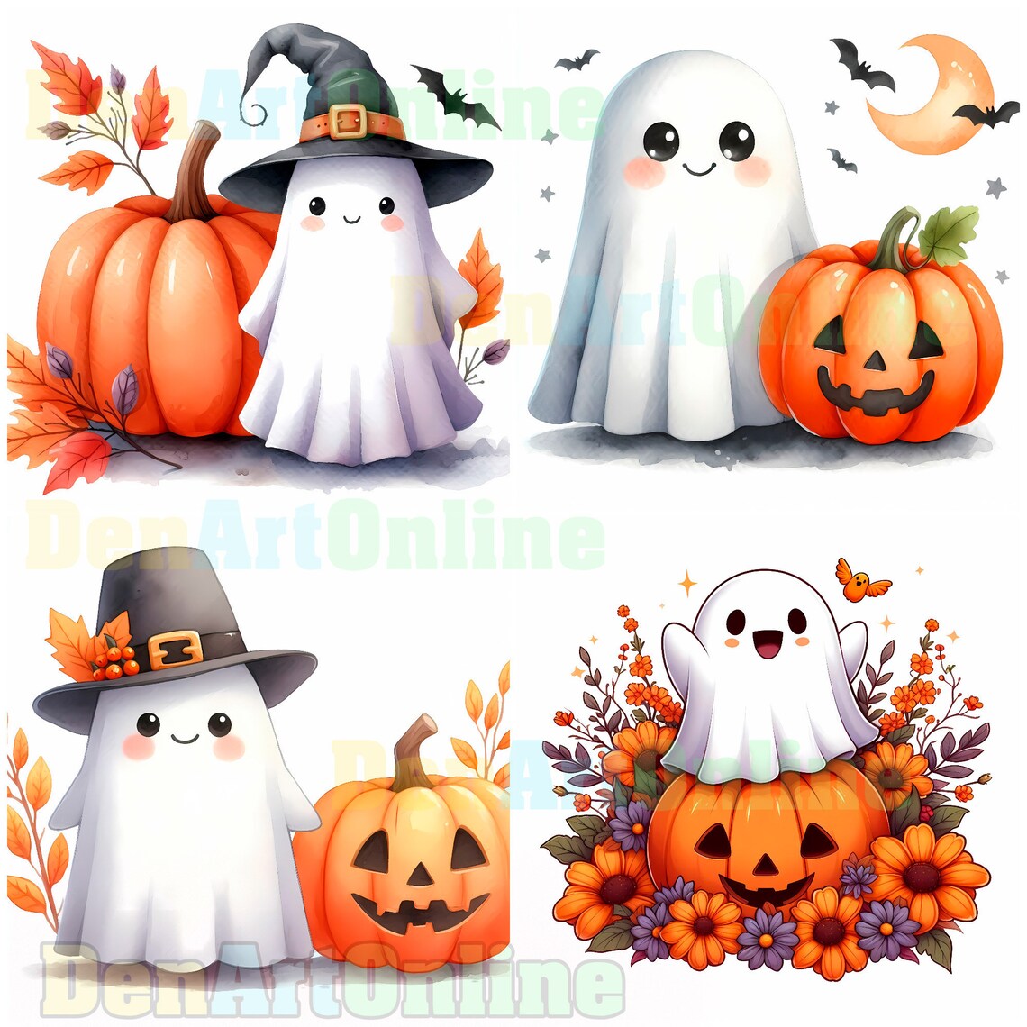 22 Watercolor Cute Ghost Clipart, Halloween Clipart JPG Bundle, Fall ...