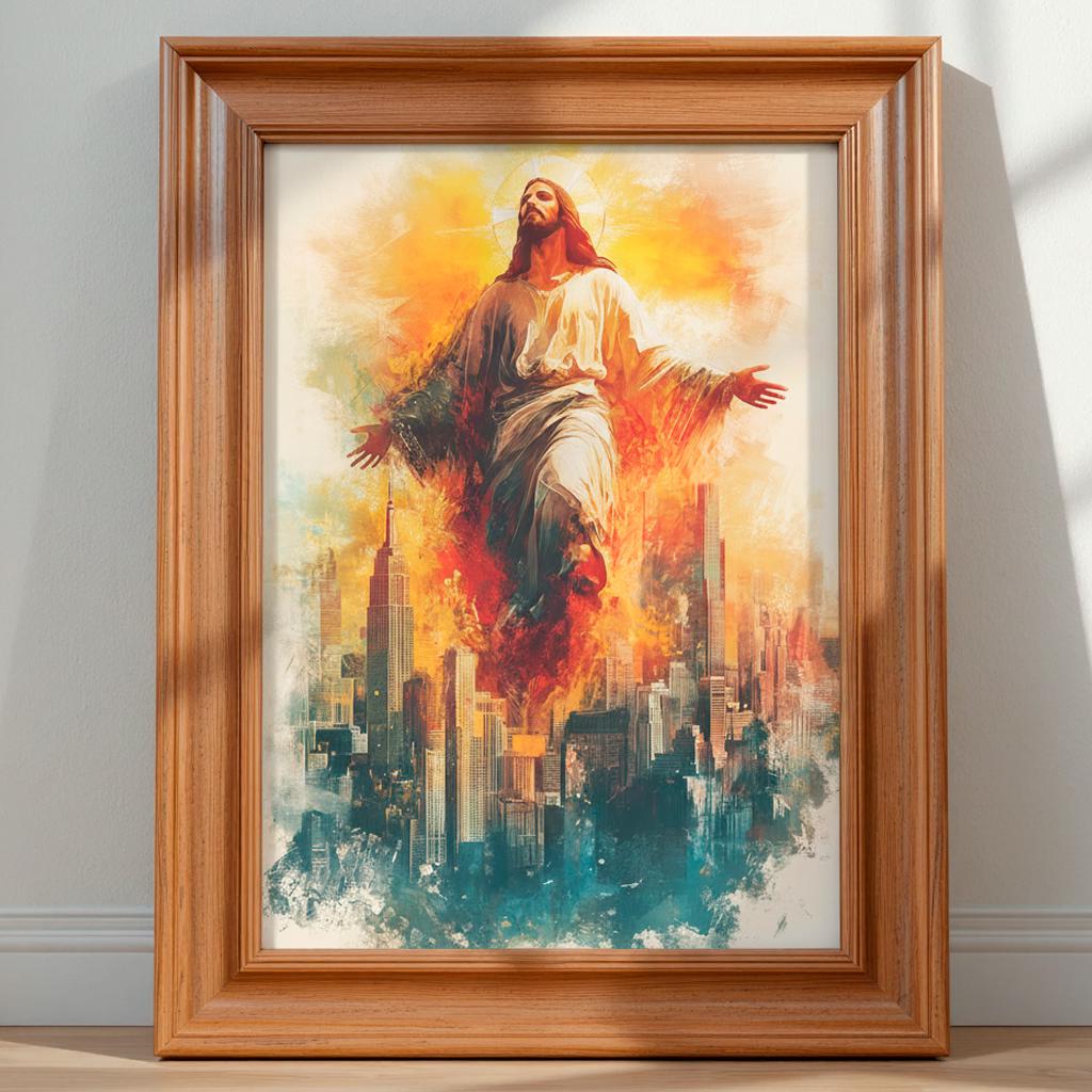 Jesus Christ Above New York Skyline, Watercolor Christian Digital Wall ...