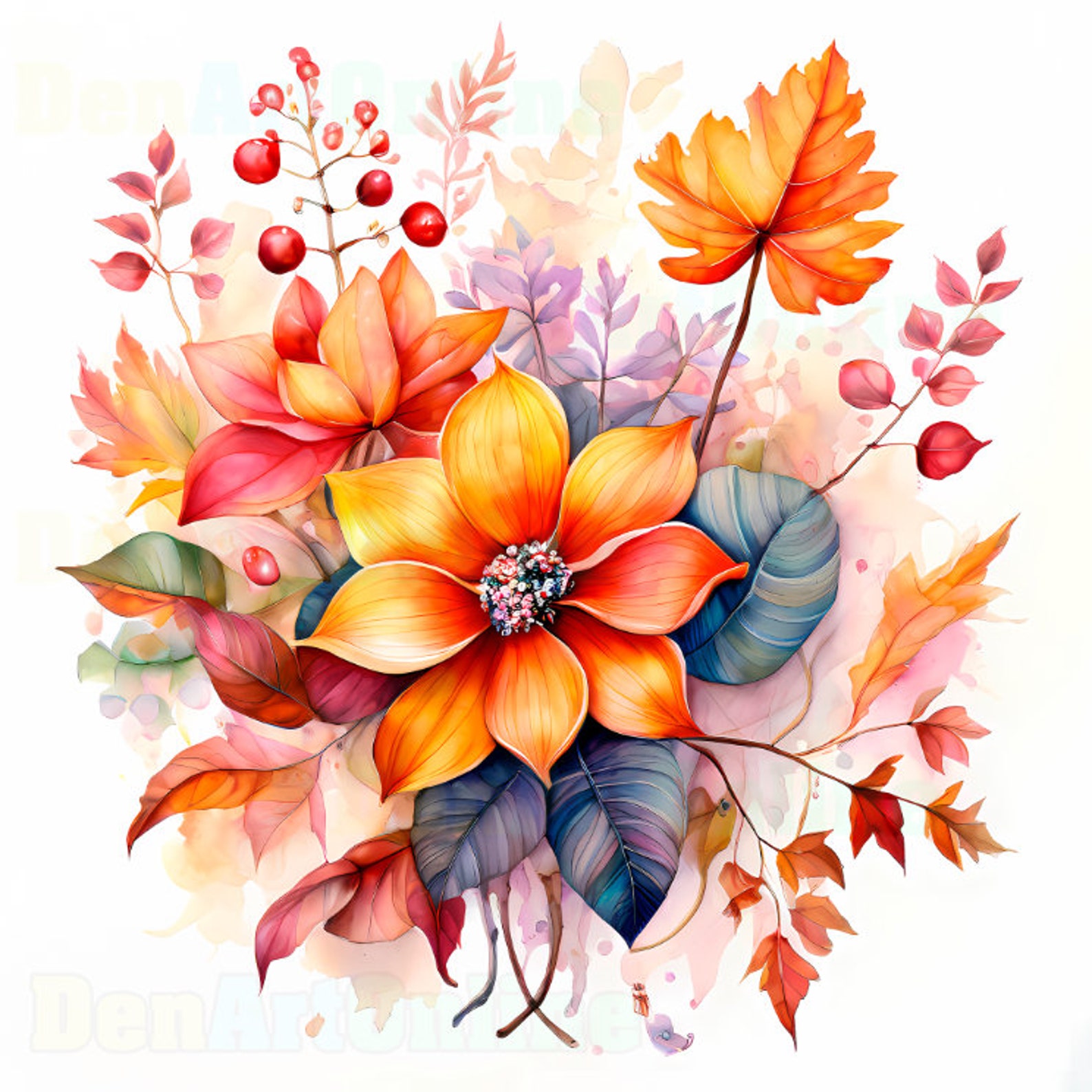 15 Autumn Leaves, Floral Bouquet Clipart, Watercolor Autumn Clipart ...