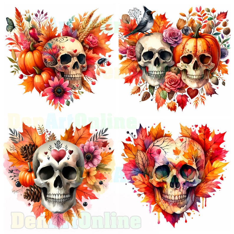 Autumn Skull Clipart Bundle: Spooky Halloween Skulls (digital Download ...