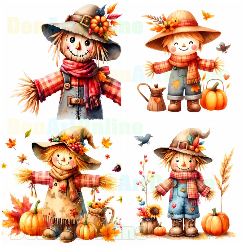 Cute Scarecrow Clipart Bundle, Fall Autumn Thanksgiving Clipart, 21 JPG ...
