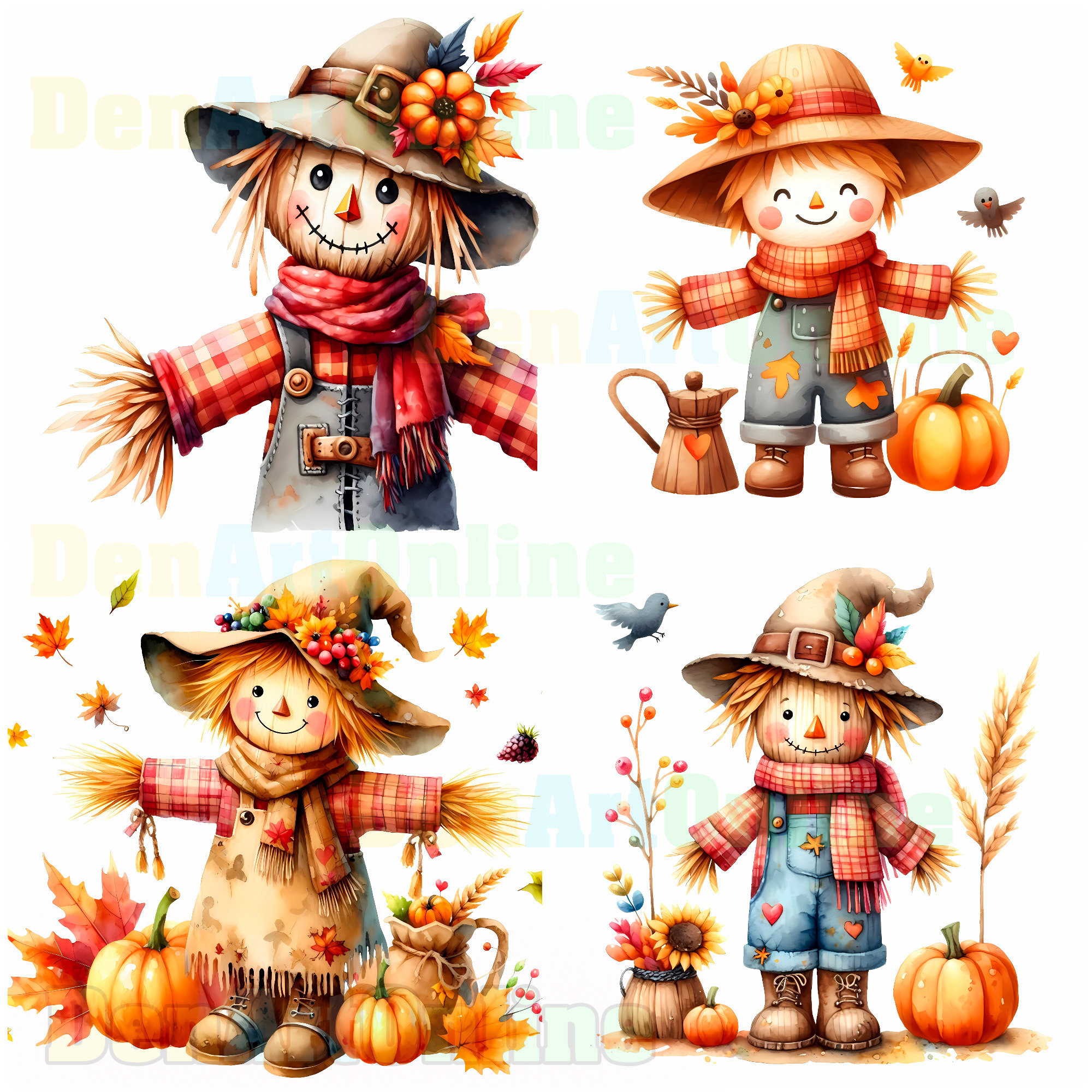 Cute Scarecrow Clipart Bundle, Fall Autumn Thanksgiving Clipart, 21 JPG ...