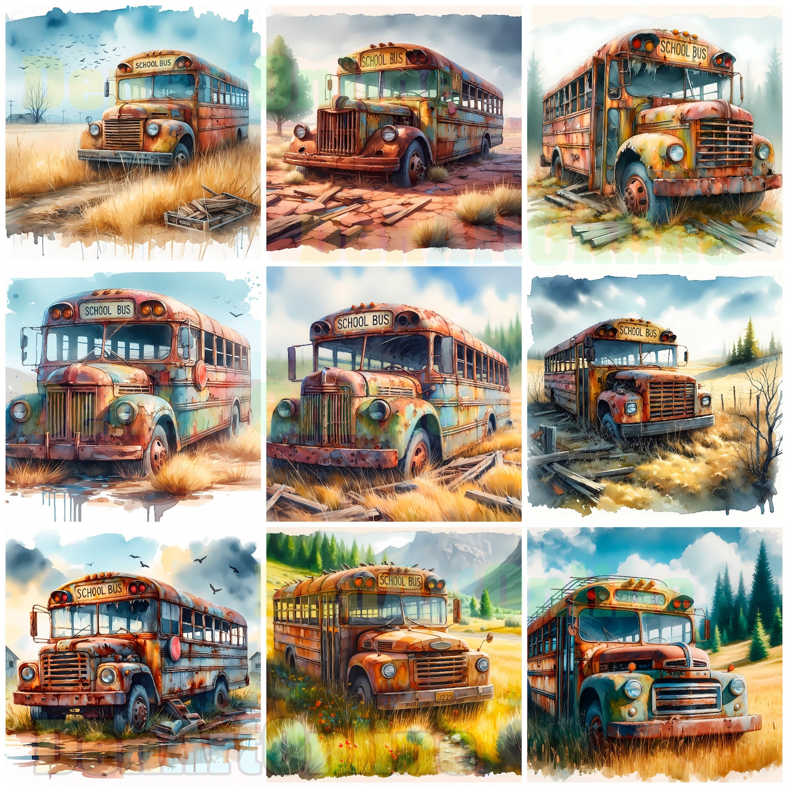 75 Abandoned Rusty School Bus, Watercolor Printable Clipart JPG ...