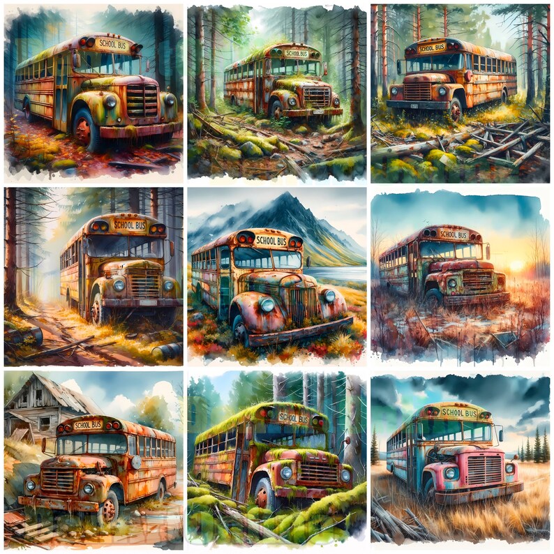75 Abandoned Rusty School Bus, Watercolor Printable Clipart JPG ...
