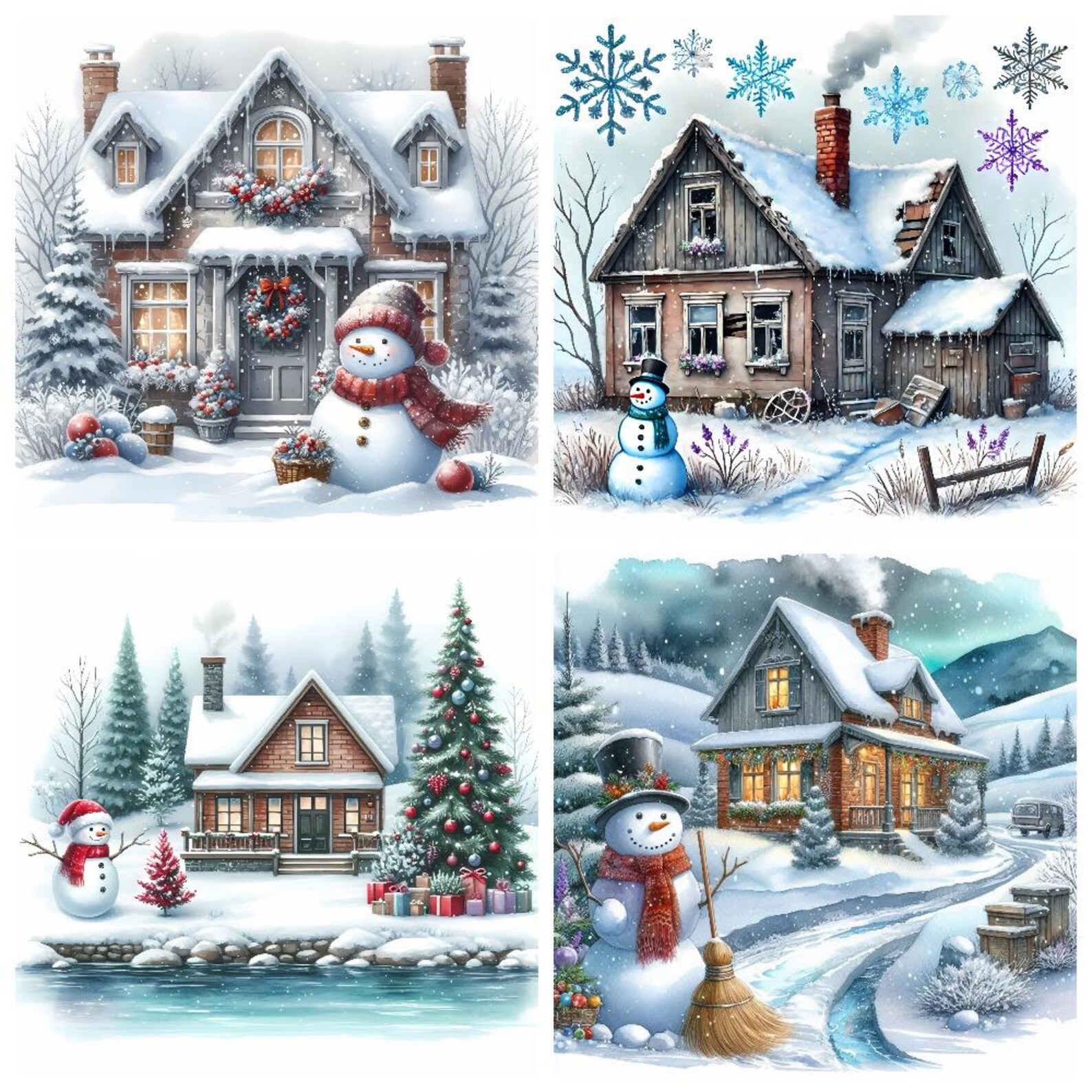 Winter House With Snowman Clipart Bundle, 24 High-quality JPG, Winter ...