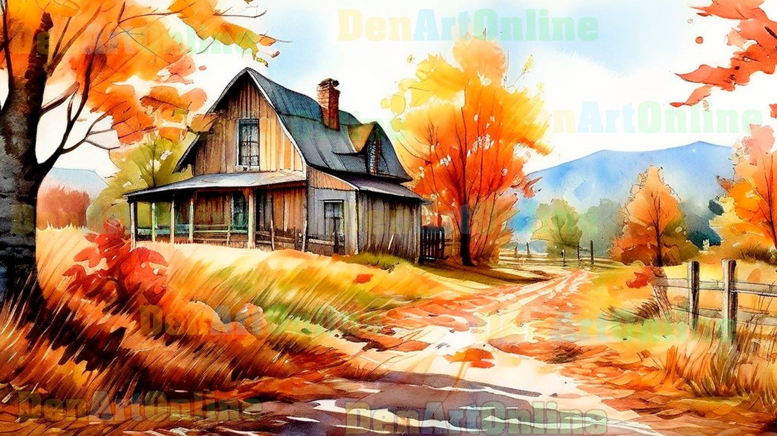 Watercolor Autumn Landscape, Rustic Fall Scene, Golden Autumn, Autumn ...