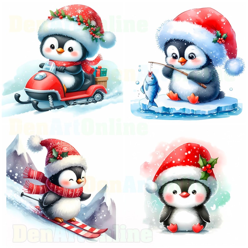 38 Winter Penguin Clipart JPG, Christmas Penguin Clipart,watercolor ...