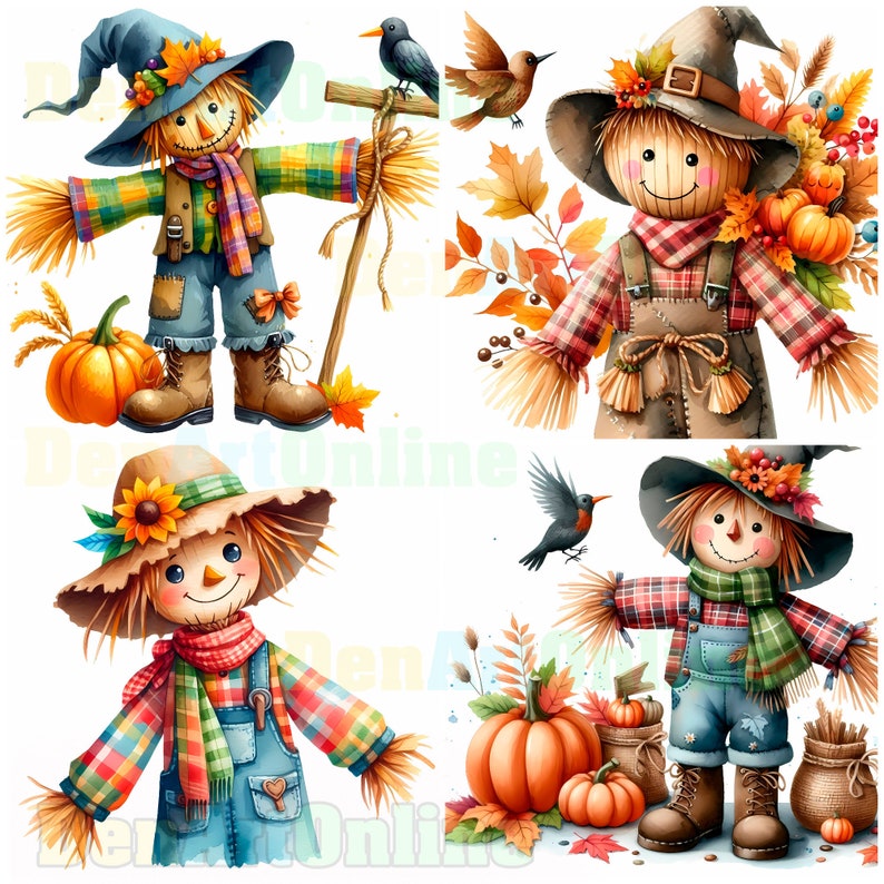 Cute Scarecrow Clipart Bundle, Fall Autumn Thanksgiving Clipart, 21 JPG ...