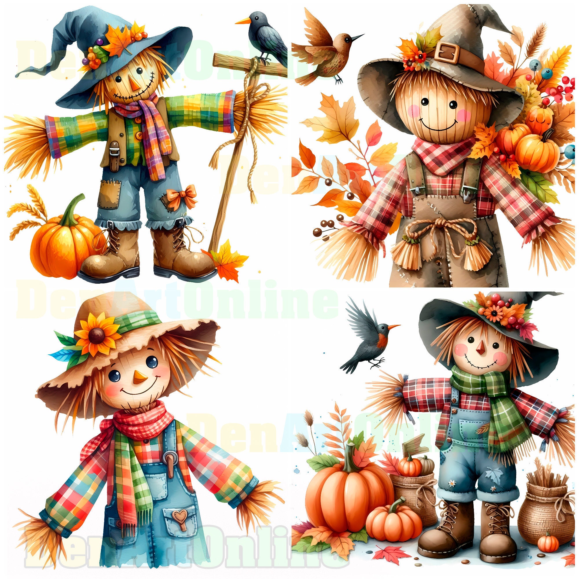 Cute Scarecrow Clipart Bundle, Fall Autumn Thanksgiving Clipart, 21 JPG ...