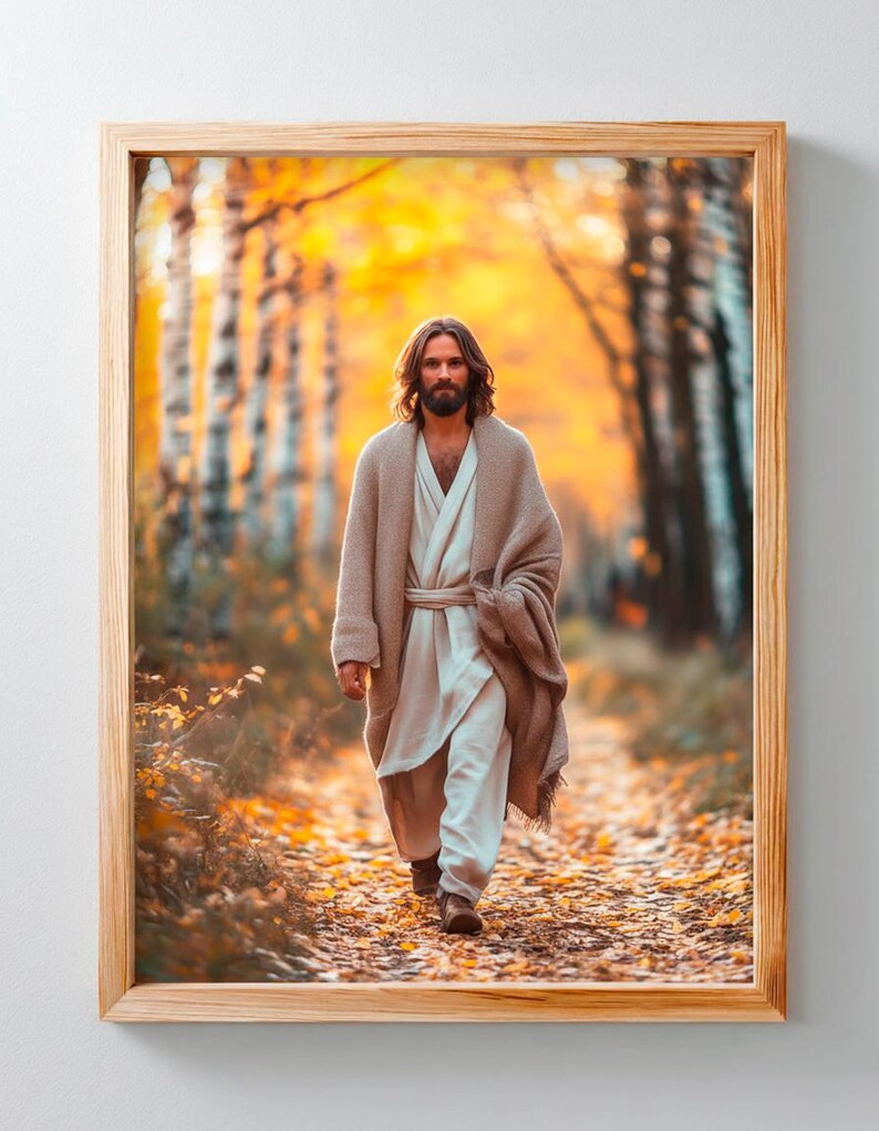 Jesus Christ Walks in the Autumn Forest, Fall Leaves Art, Jesus Print ...