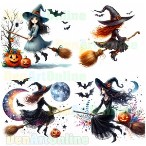 Halloween Witch on a Broom Clipart, 26 Watercolor Jpgs, Witch Halloween ...