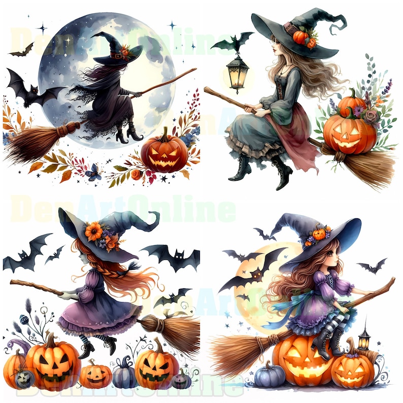 Halloween Witch on a Broom Clipart, 26 Watercolor Jpgs, Witch Halloween ...