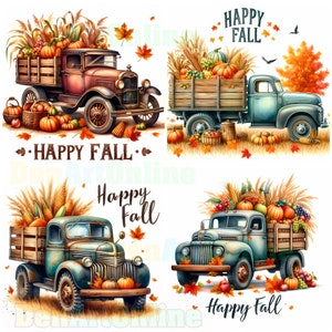 Watercolor Vintage Trucks Fall Harvest Clipart, 21 JPG Pumpkin Autumn ...