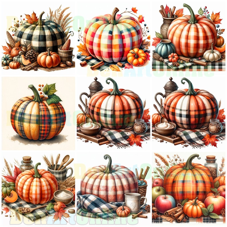 Plaid Pumpkin Clipart 24 High Quality 300 DPI Jpegs, Cozy Autumn ...