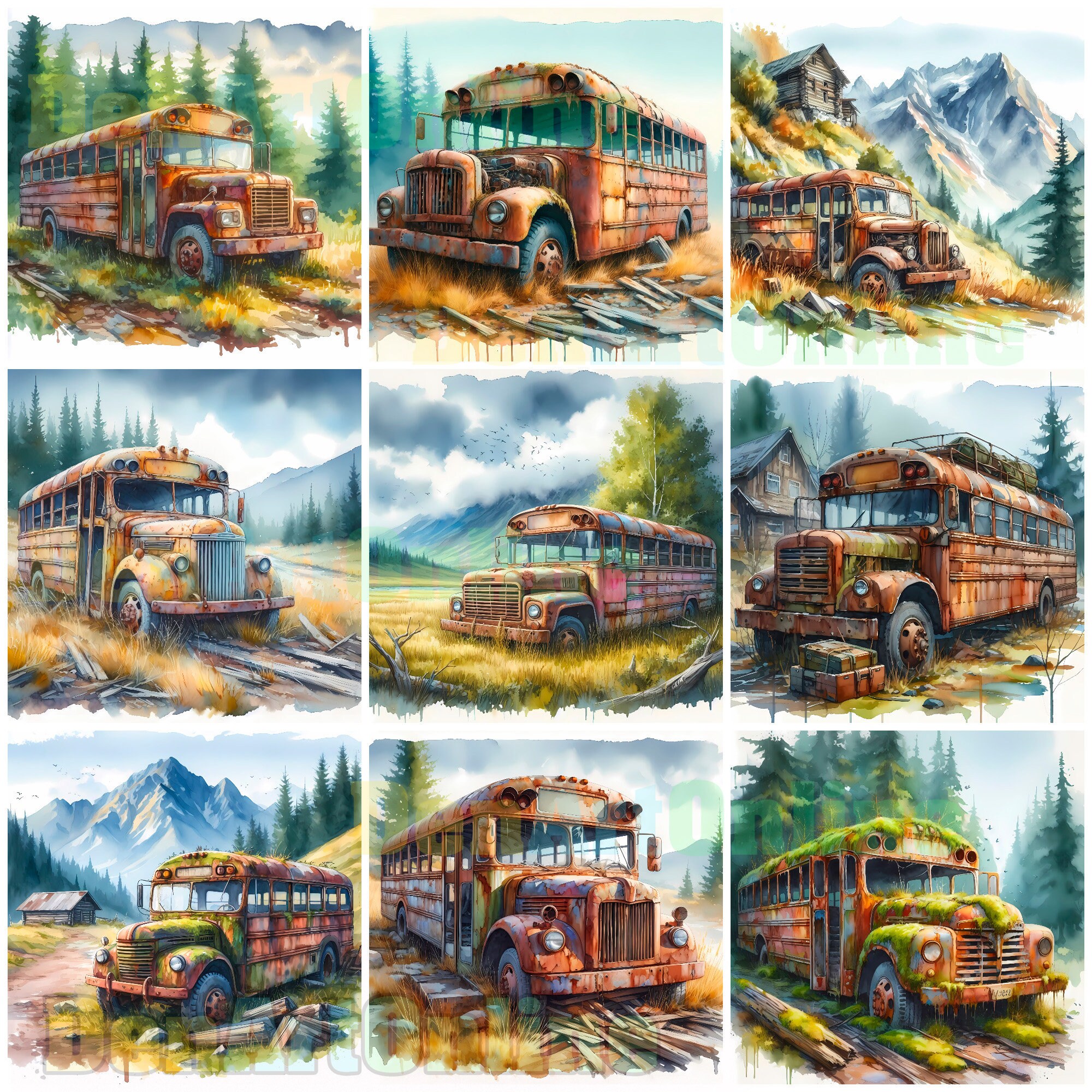 Abandoned Bus Clipart, High Quality Watercolor 55 JPG, Old Rusty Buses ...