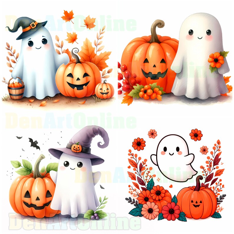 22 Watercolor Cute Ghost Clipart, Halloween Clipart JPG Bundle, Fall ...