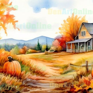 Watercolor Autumn Landscape, Rustic Fall Scene, Golden Autumn, Autumn ...