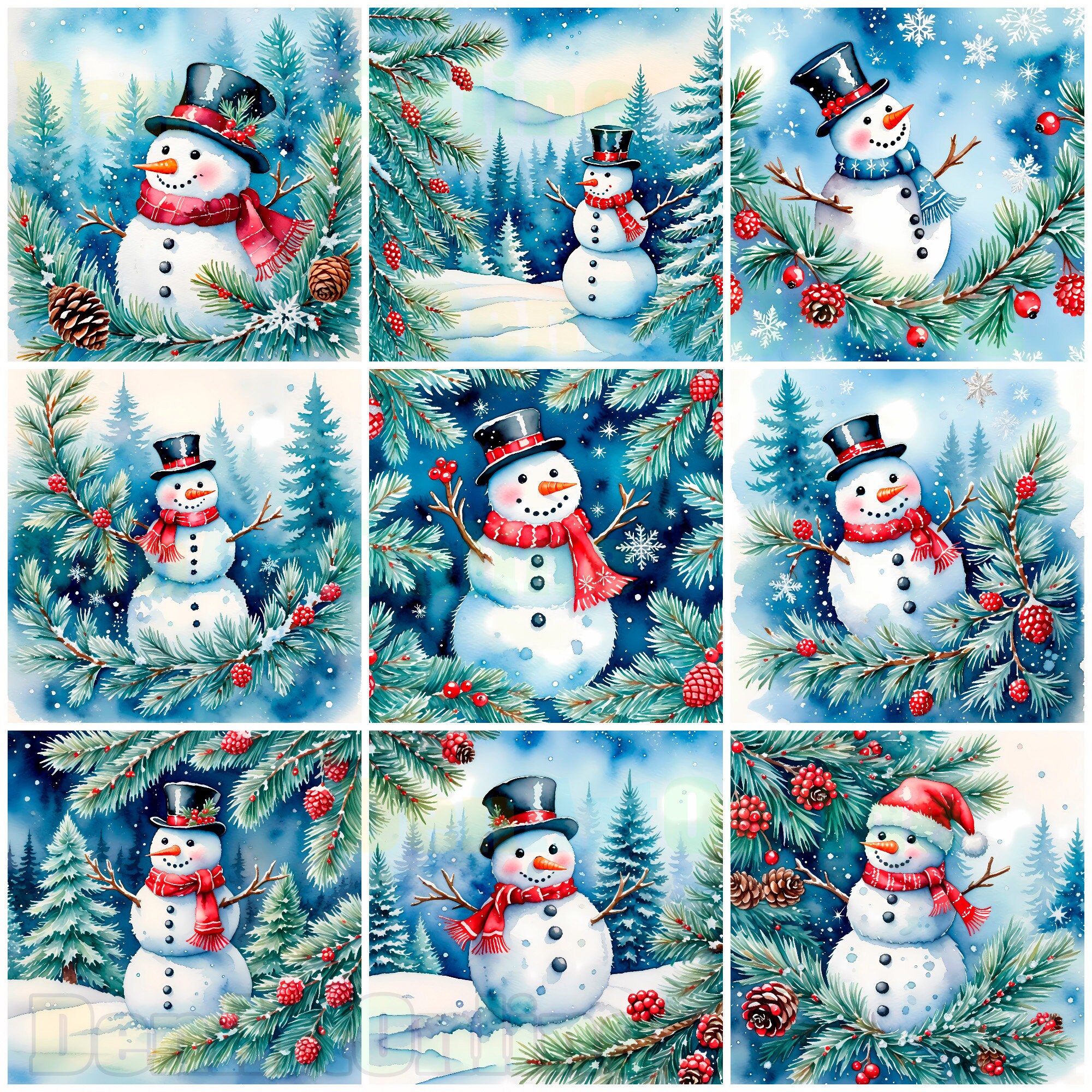 12 Snowman in Winter Scenery Clipart Bundle, High Quality Watercolor ...