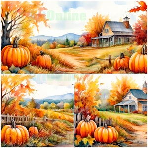 Watercolor Autumn Landscape, Rustic Fall Scene, Golden Autumn, Autumn ...