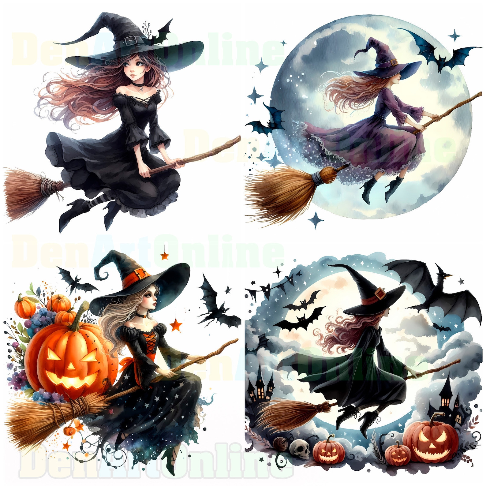 Halloween Witch on a Broom Clipart, 26 Watercolor Jpgs, Witch Halloween ...