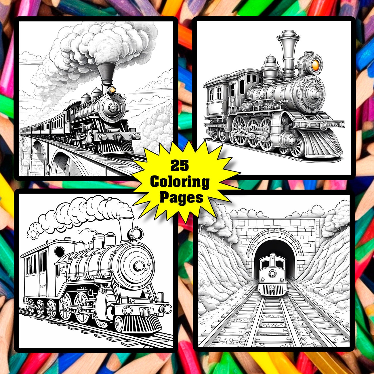 Trains Printable 25 Coloring Pages, Trains Coloring Book 25 Train ...