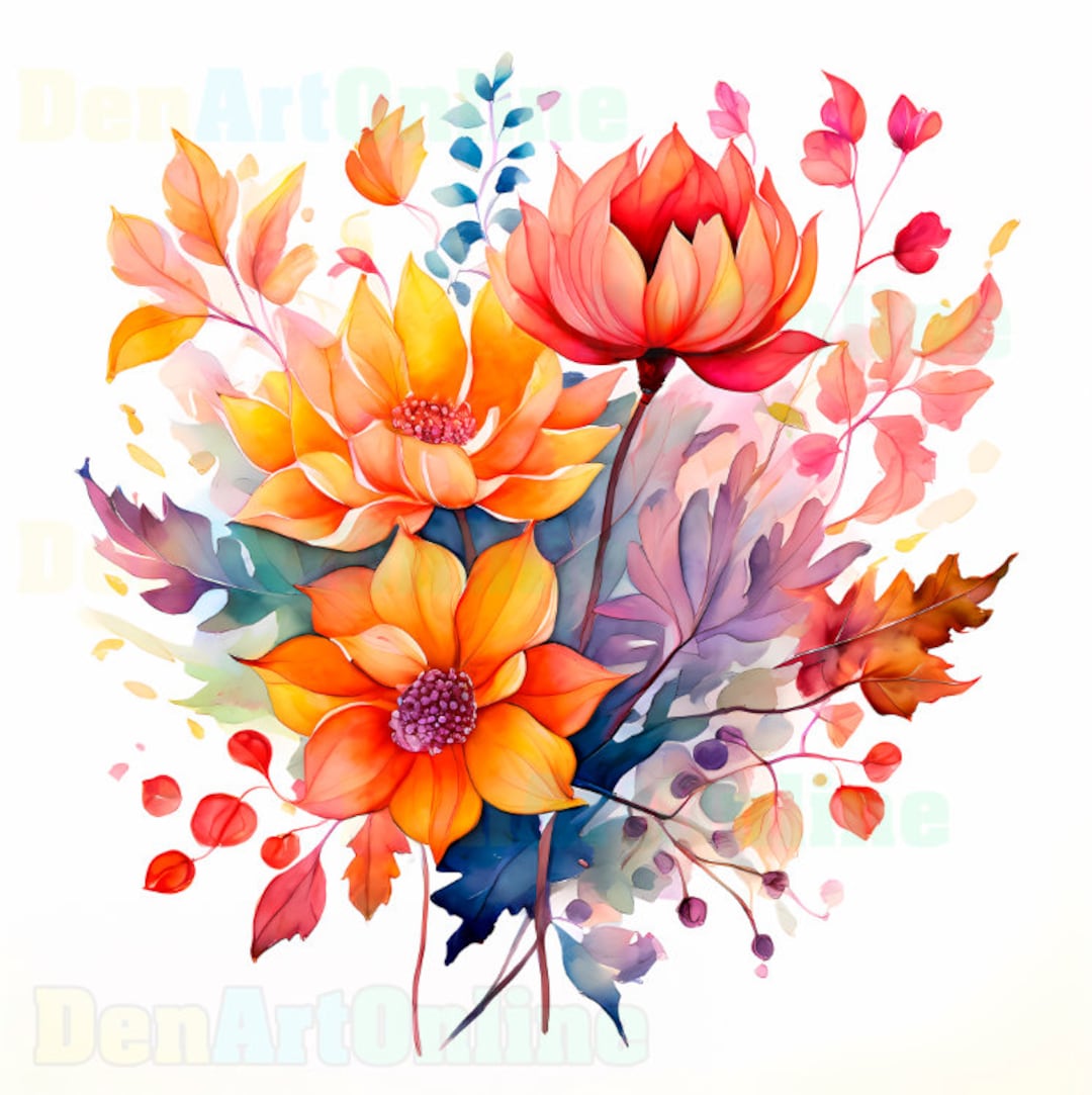 Watercolor Autumn Floral Clipart: Fall Leaves Bouquet (digital Download ...