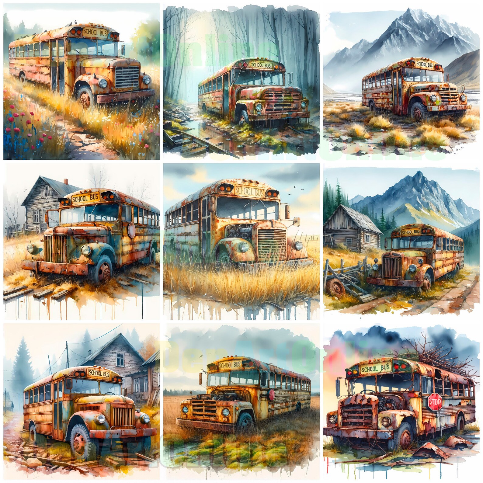 75 Abandoned Rusty School Bus, Watercolor Printable Clipart JPG ...