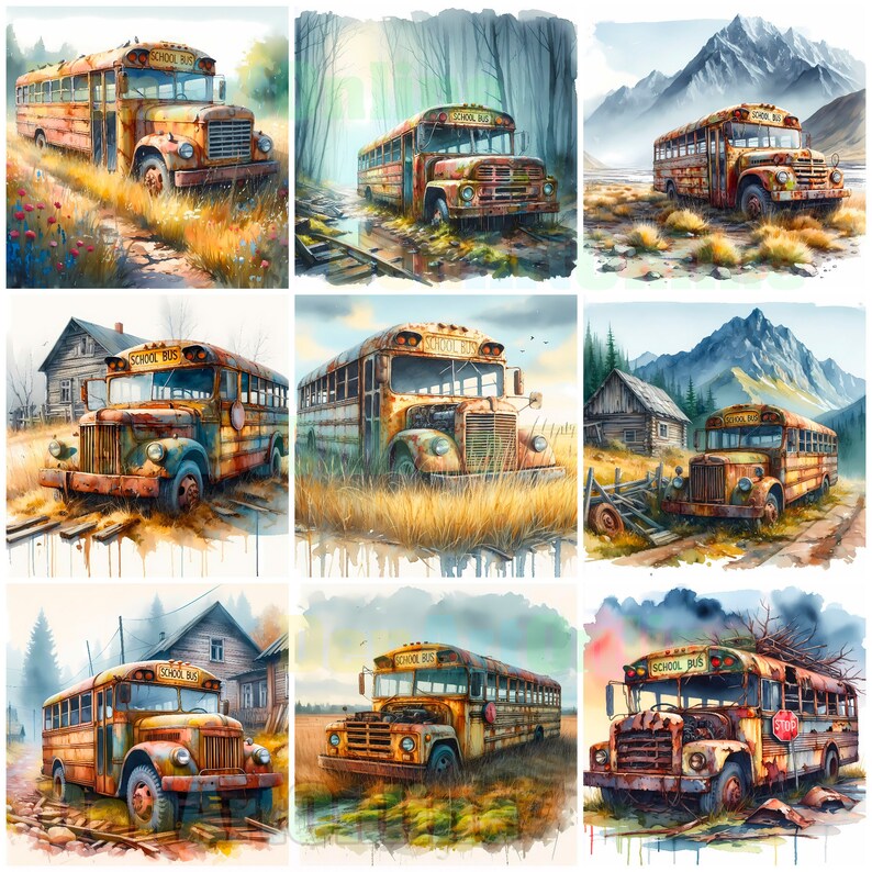 75 Abandoned Rusty School Bus, Watercolor Printable Clipart JPG ...