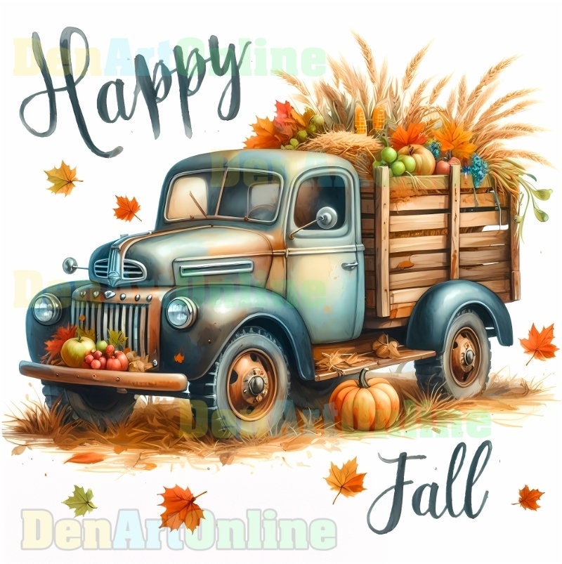 Watercolor Vintage Trucks Fall Harvest Clipart, 21 JPG Pumpkin Autumn ...