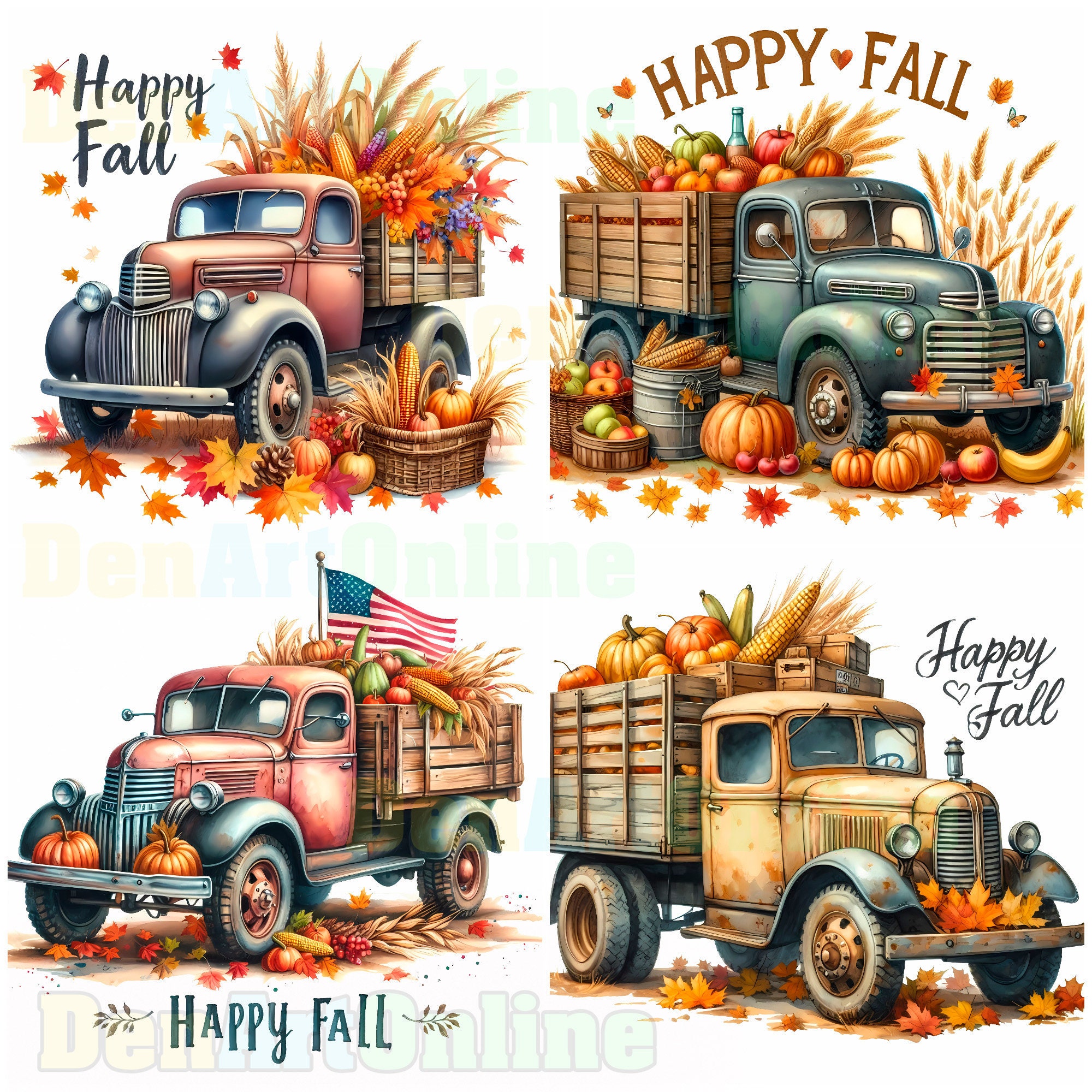 Watercolor Vintage Trucks Fall Harvest Clipart, 21 JPG Pumpkin Autumn ...