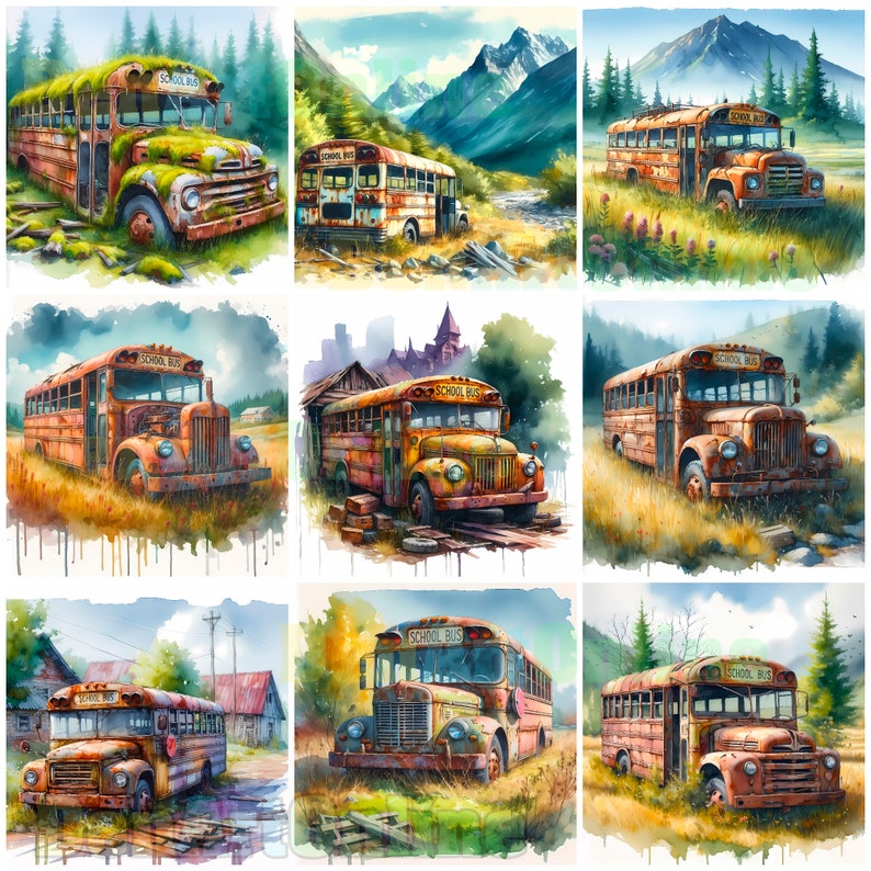 75 Abandoned Rusty School Bus, Watercolor Printable Clipart JPG ...