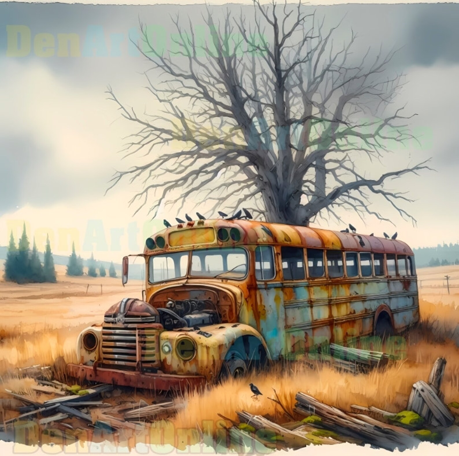 Abandoned Bus Clipart, High Quality Watercolor 55 JPG, Old Rusty Buses ...