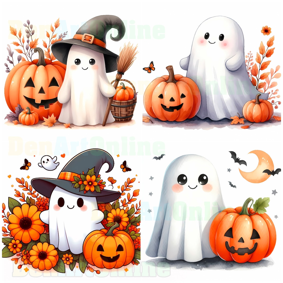 22 Watercolor Cute Ghost Clipart, Halloween Clipart JPG Bundle, Fall ...