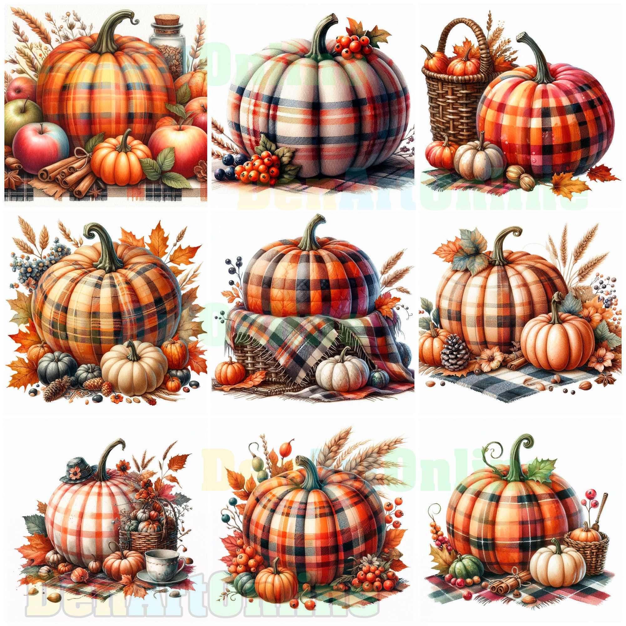 Plaid Pumpkin Clipart 24 High Quality 300 DPI Jpegs, Cozy Autumn ...