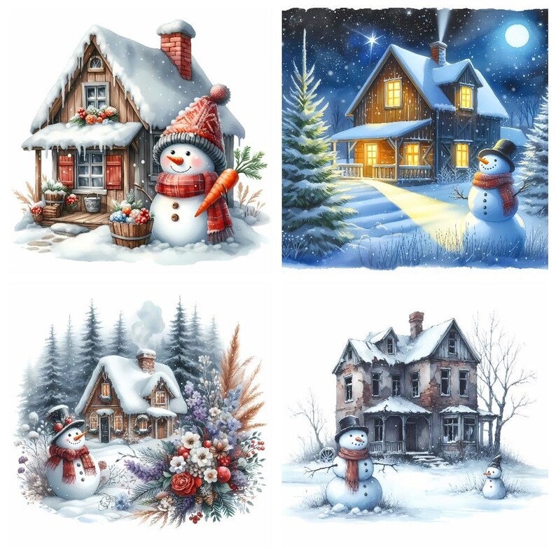 Winter House With Snowman Clipart Bundle, 24 High-quality JPG, Winter ...