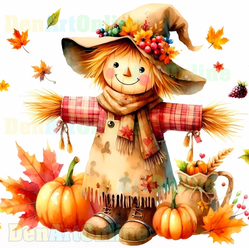 Cute Scarecrow Clipart Bundle, Fall Autumn Thanksgiving Clipart, 21 JPG ...